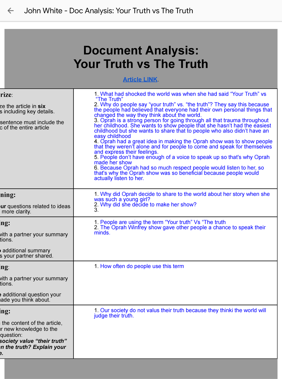 John White - Doc Analysis Your Truth vs The Truth - Document Analysis ...