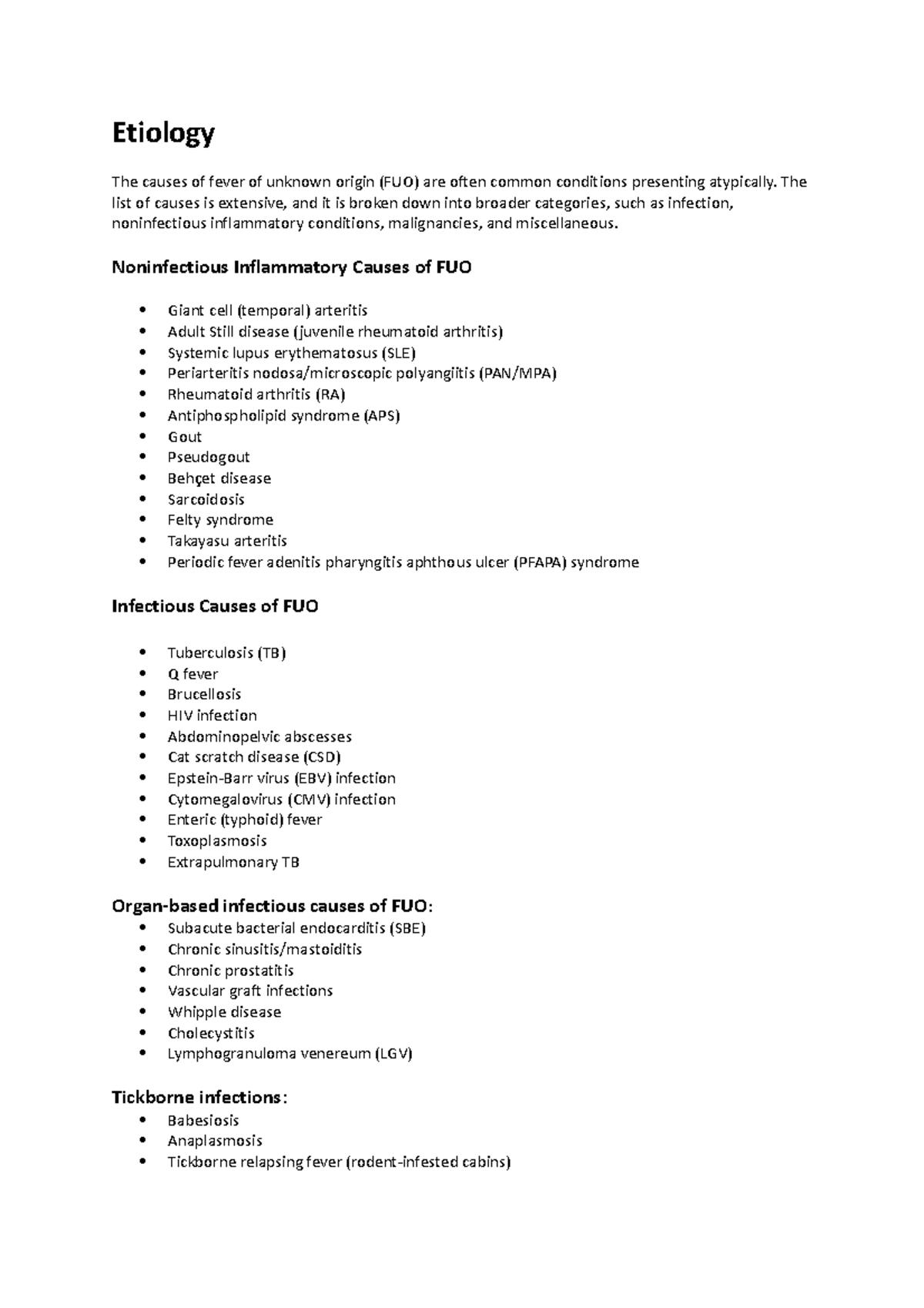 FOU - Course work - Etiology The causes of fever of unknown origin (FUO ...
