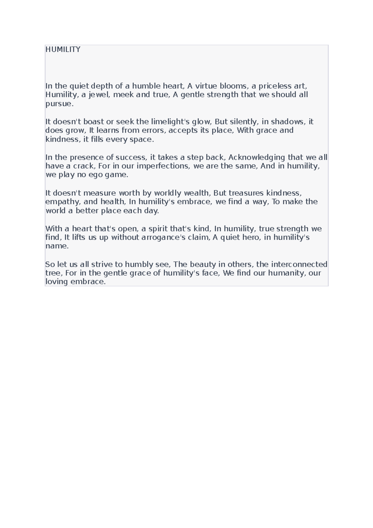 Humility - literary work - HUMILITY In the quiet depth of a humble ...