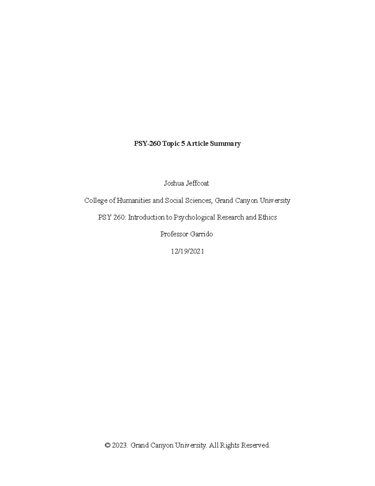 PSY 260 RS T5 Article Summary - PSY-260 Topic 5 Article Summary Joshua ...