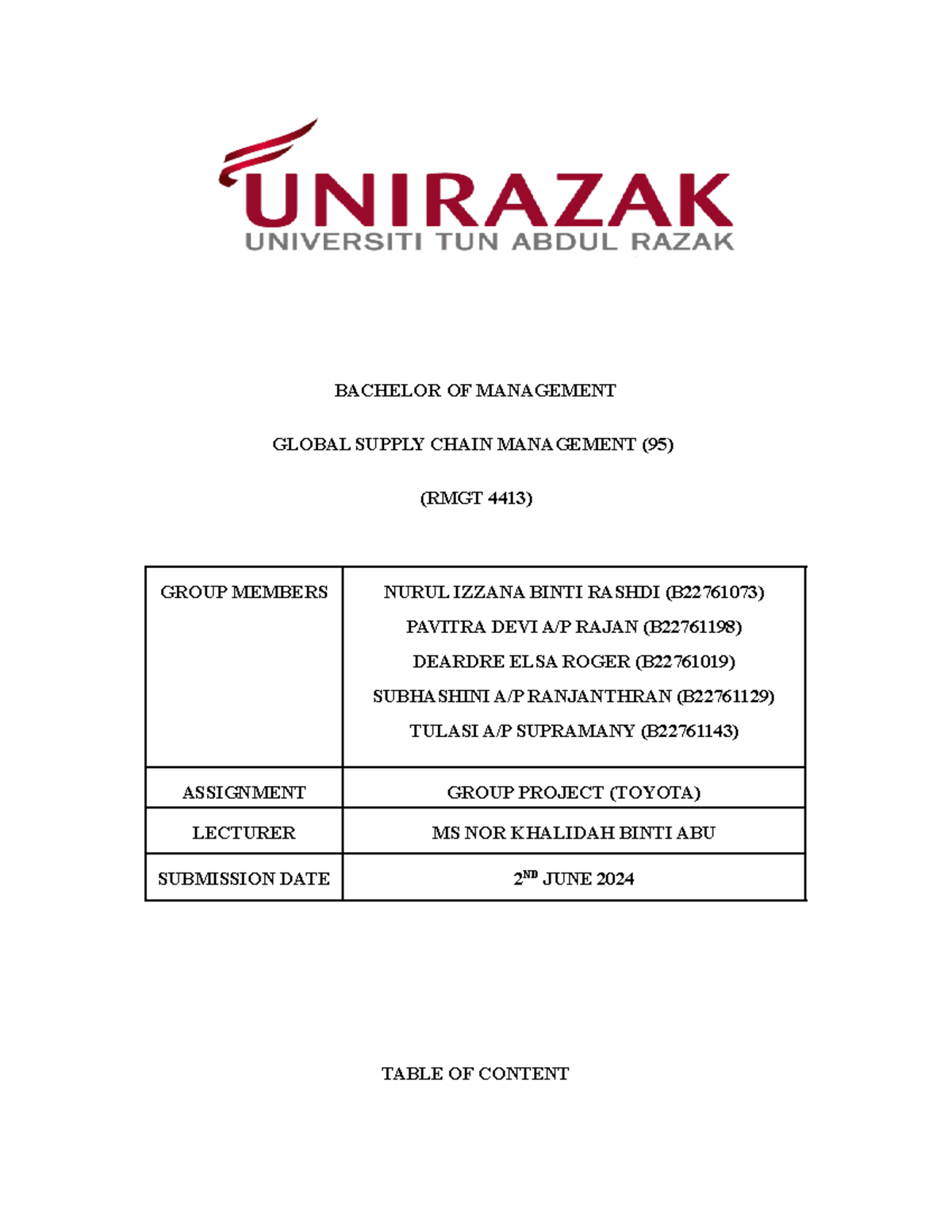 GSCM Group Assignment Report (Toyota) - ####### BACHELOR OF MANAGEMENT ...