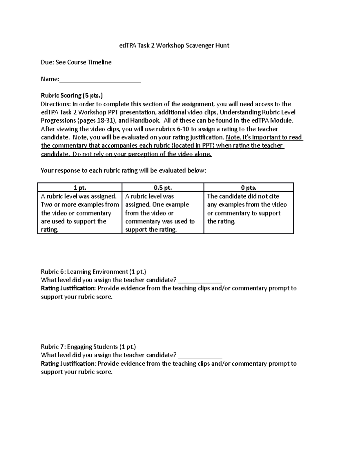 Task 2 Scavenger Hunt - edTPA Task 2 Workshop Scavenger Hunt Due: See ...