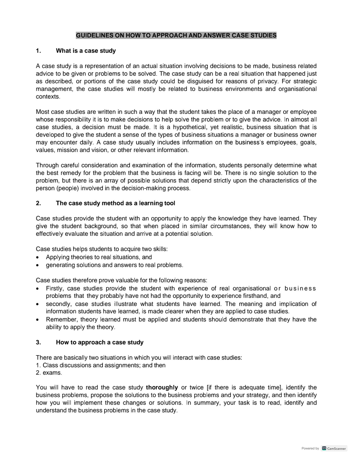 CASE Study Guidelines - GUIDELINES ON HOW TO APPROACH AND ANSWER CASE ...