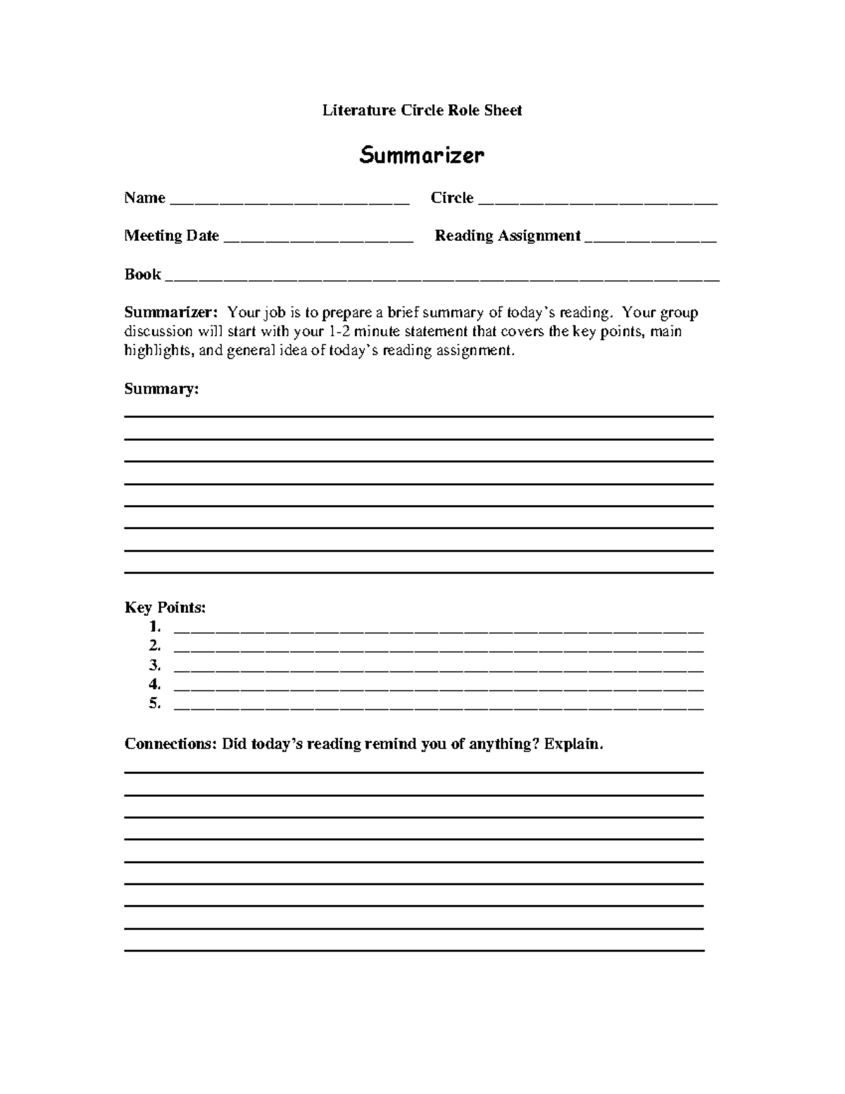 Literary Circle roles - Literature Circle Role Sheet Summarizer Name