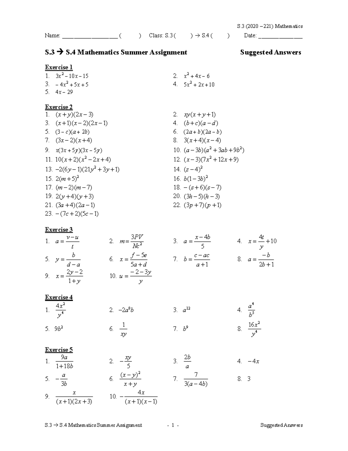 2020-21 S3to S4 Mathematics Summer Assignment Answers - S (2020 – 221) Mathematics S S ...