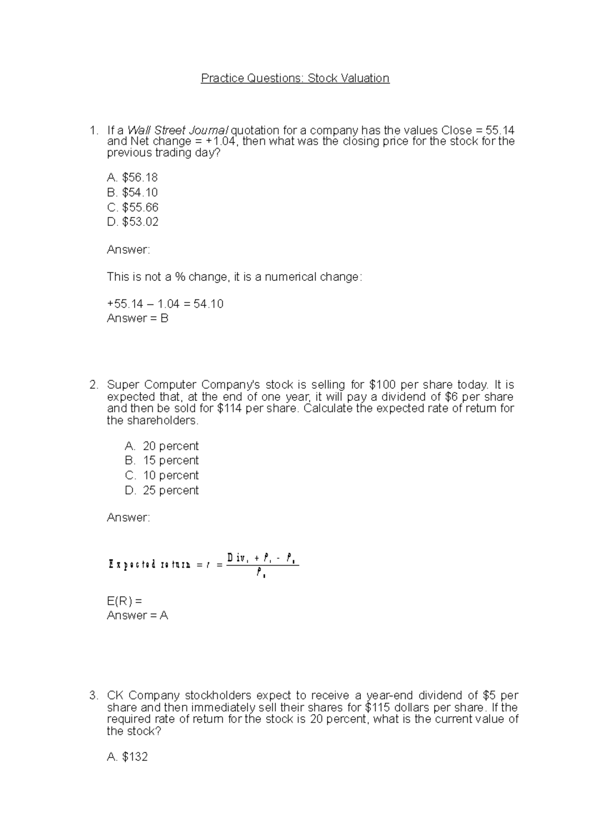 Practice Questions set1 with answers - Practice Questions: Stock ...