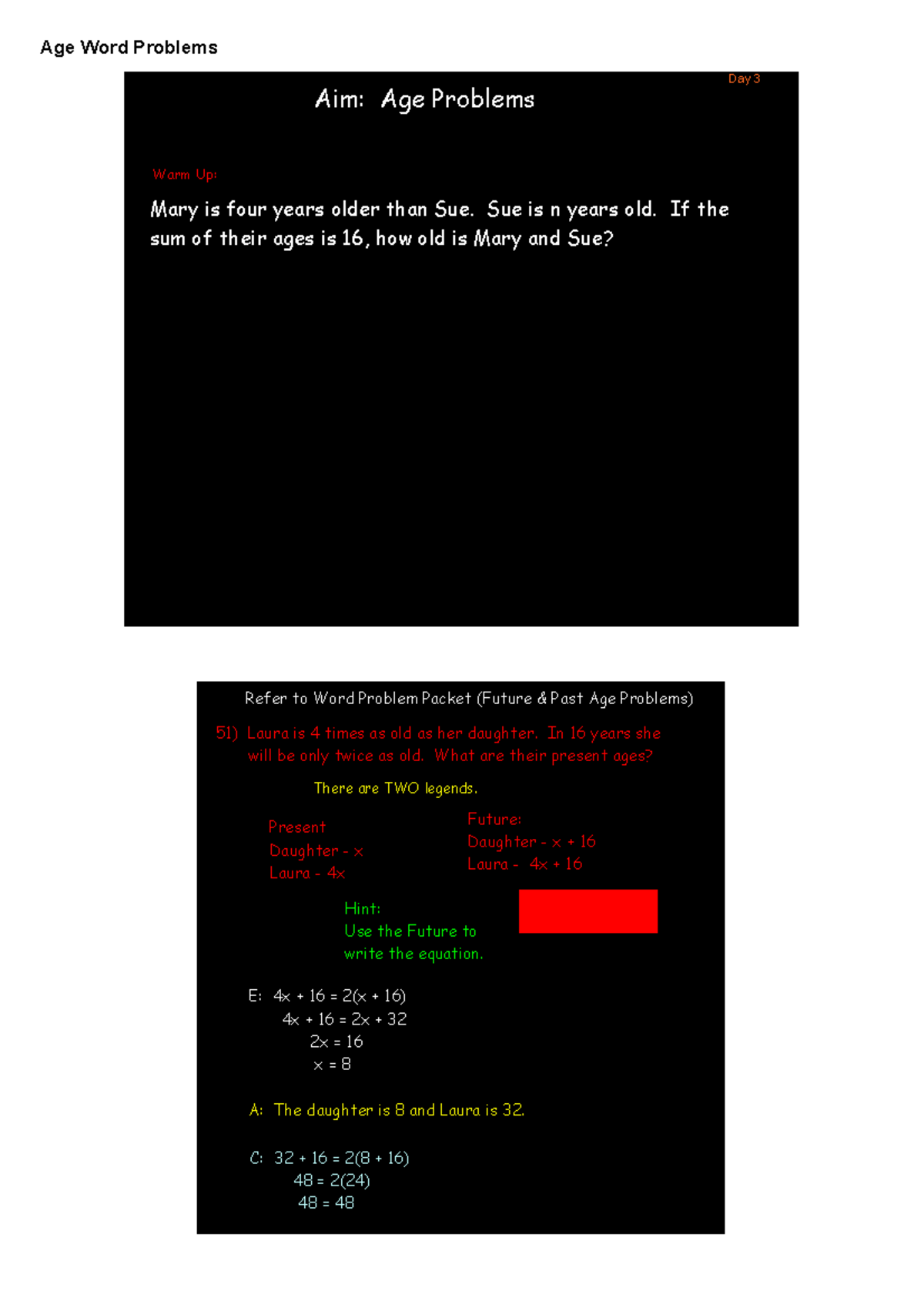 Age Word Problems LMT.pdf · version 1 - Aim: Age Problems Mary is four ...