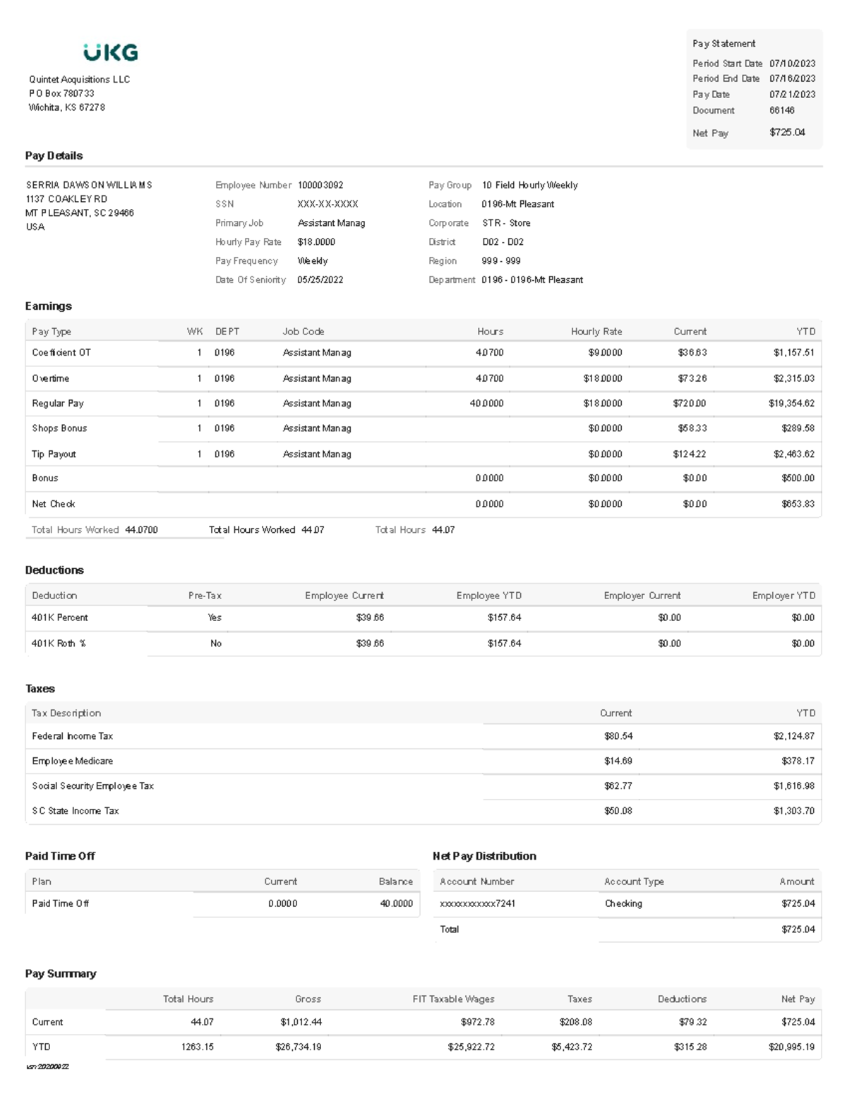 Jul 21-Pay Statement - Plans - Quintet Acquisitions LLC PO Box 780733 ...