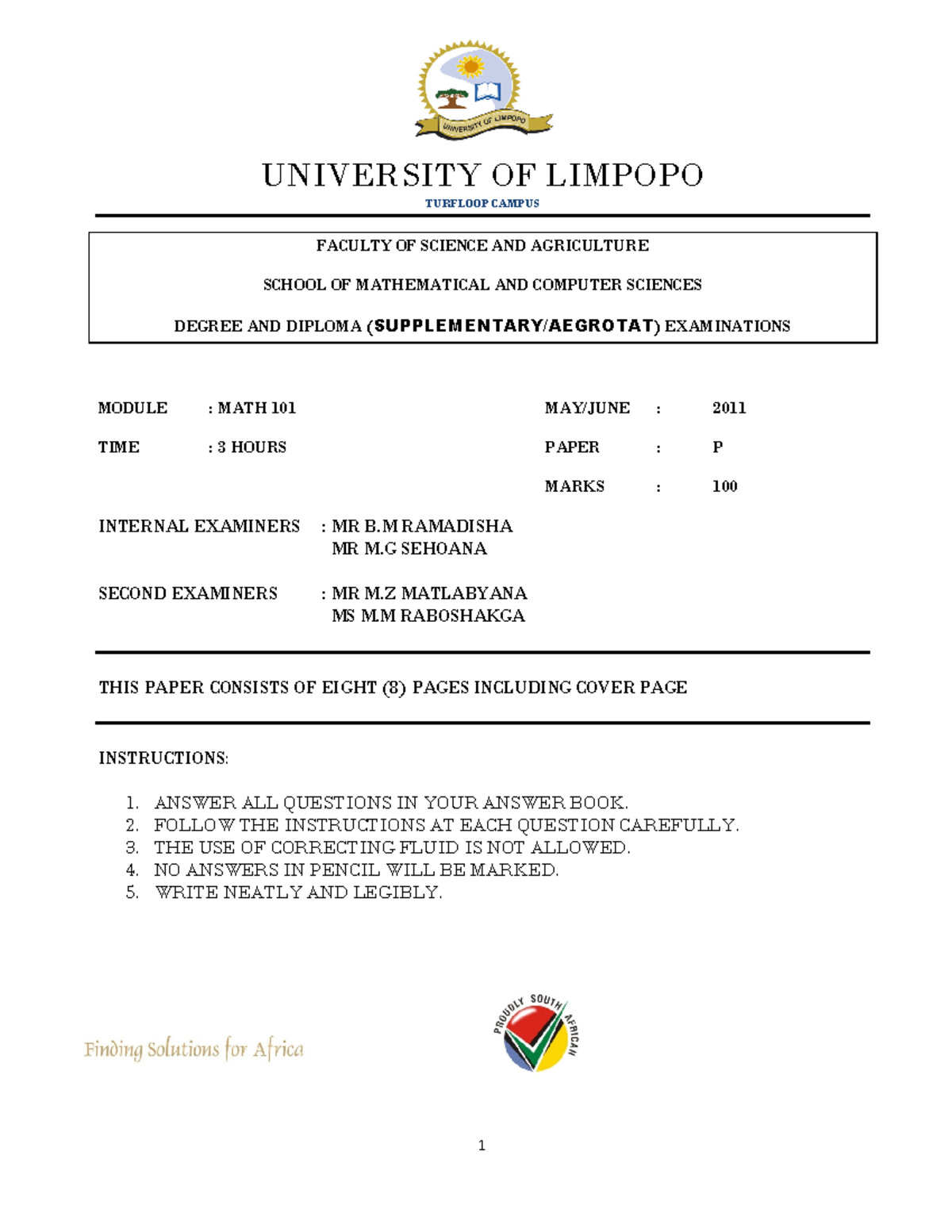 MATH 101 - It will help to prepare for exam - UNIVERSITY OF LIMPOPO ...