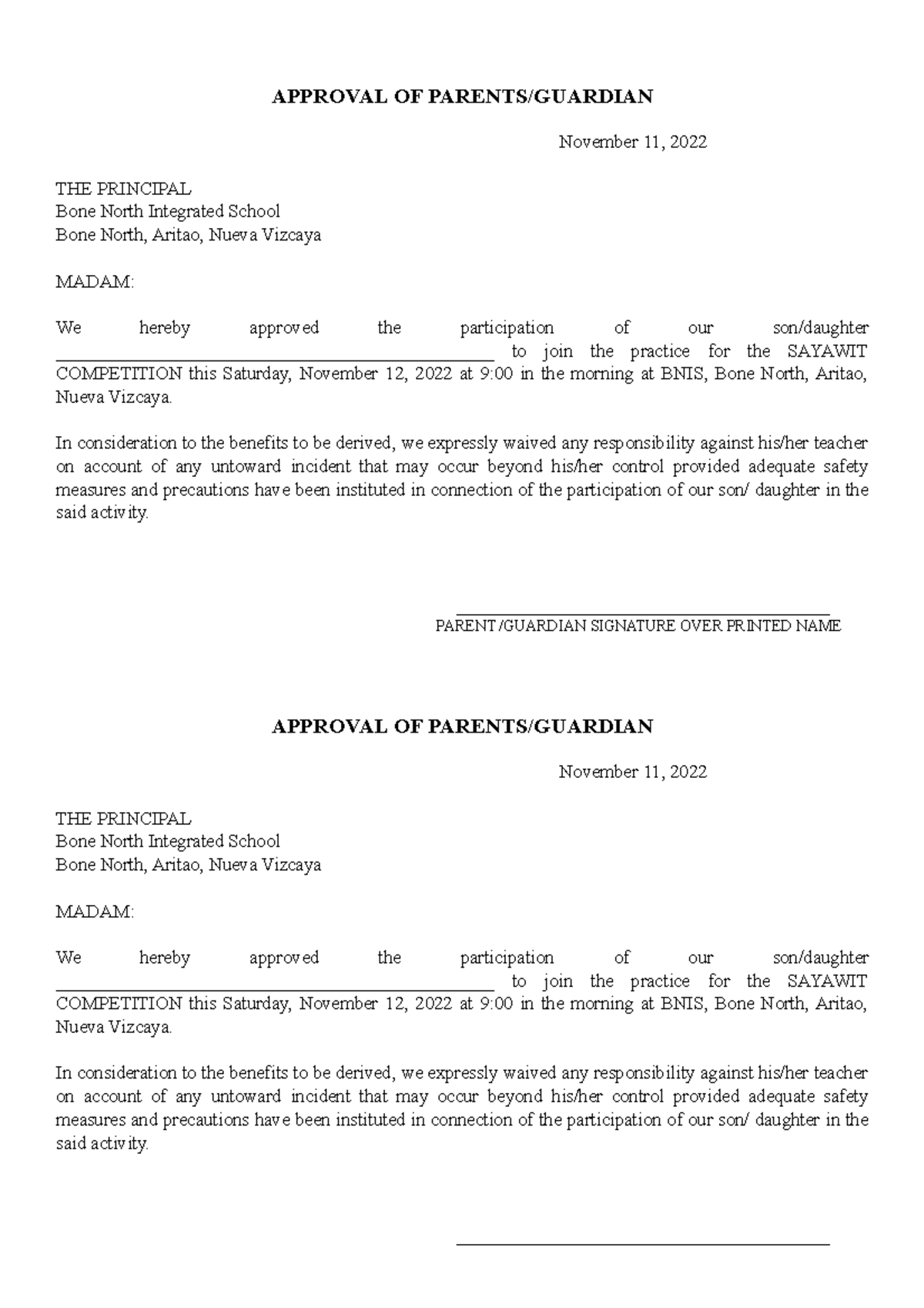 Approval OF Parents - science - APPROVAL OF PARENTS/GUARDIAN November ...