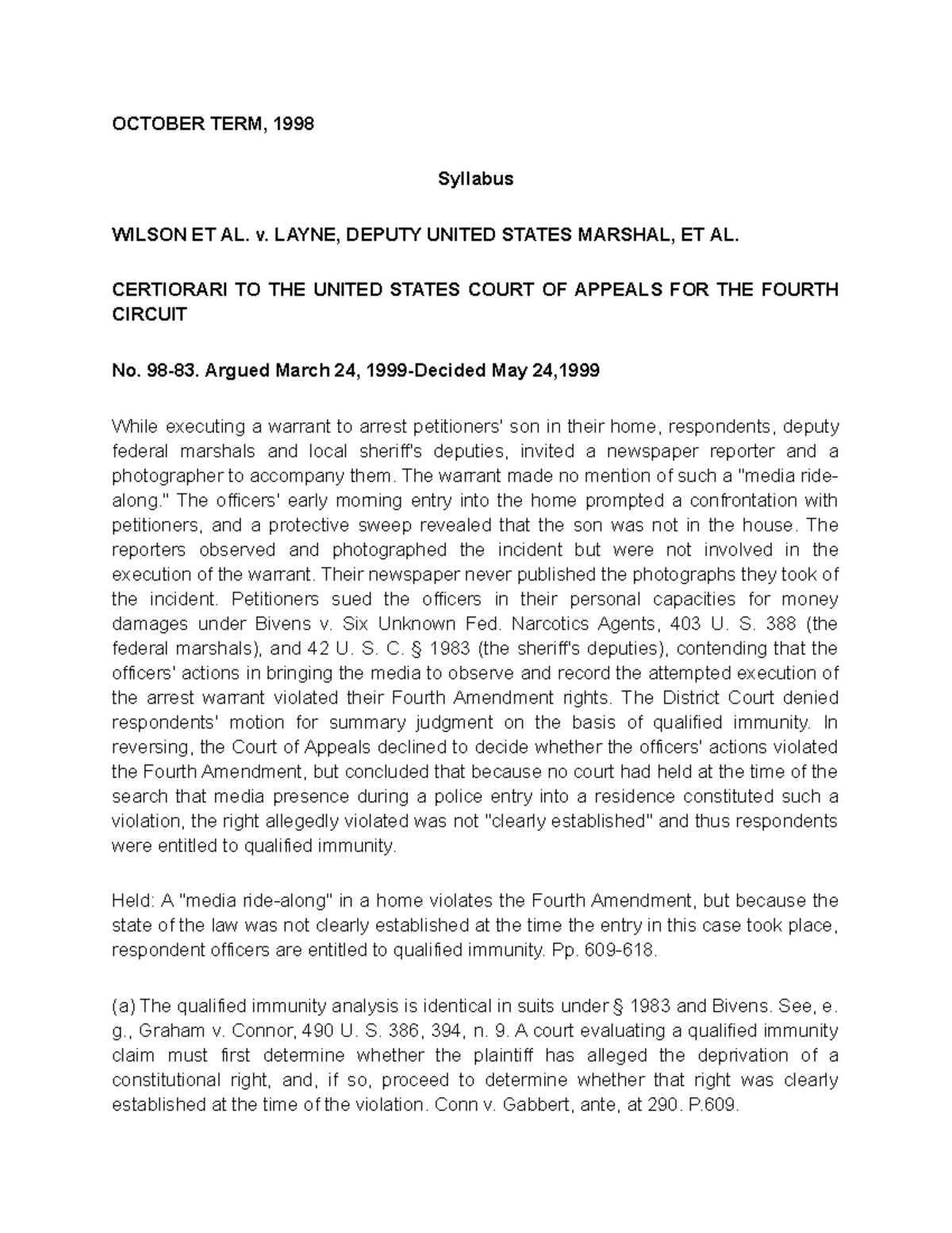 100 Wilson-v-Layne - Full Case - OCTOBER TERM, 1998 Syllabus WILSON ET ...