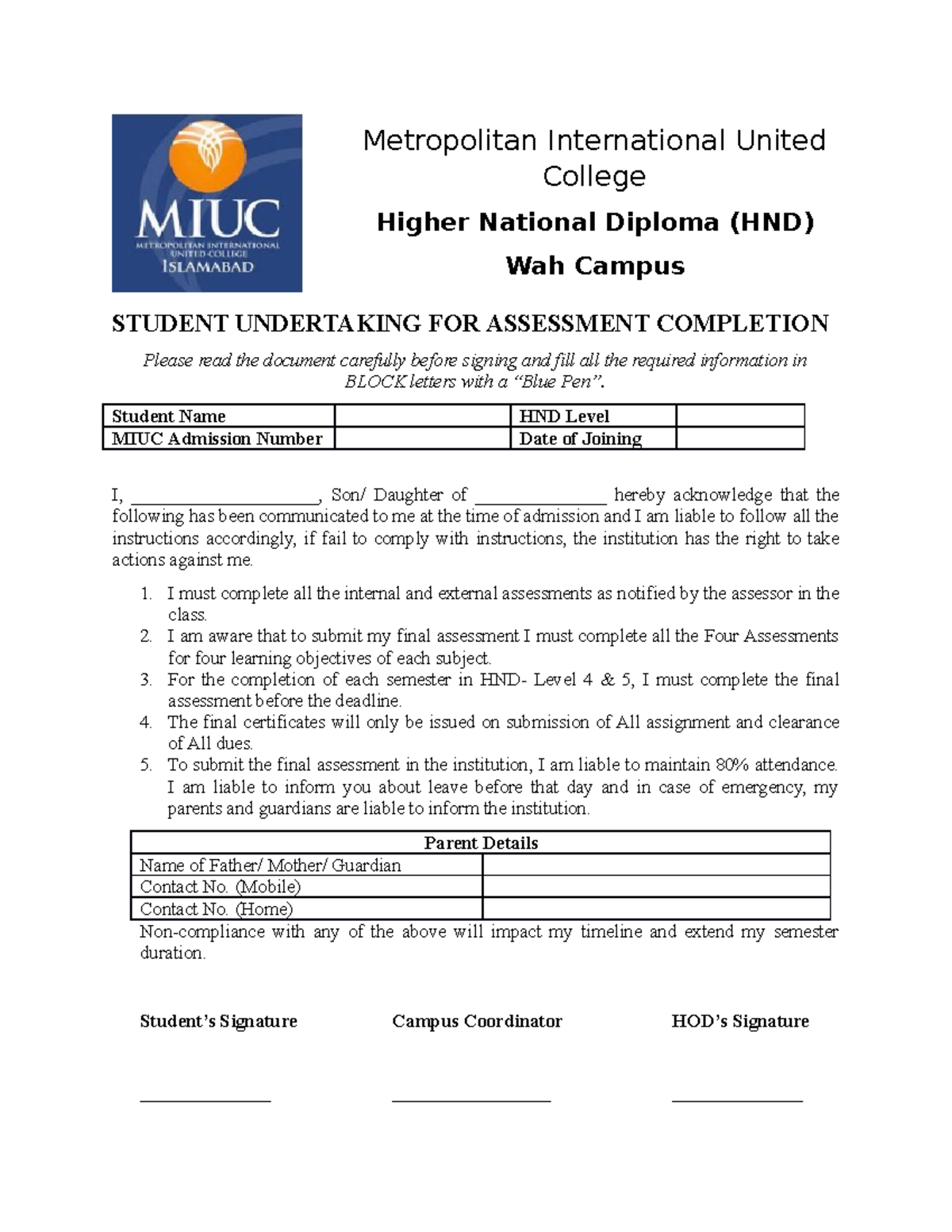 Student Undertaking FOR Assessment Completion-Level 4 - STUDENT ...