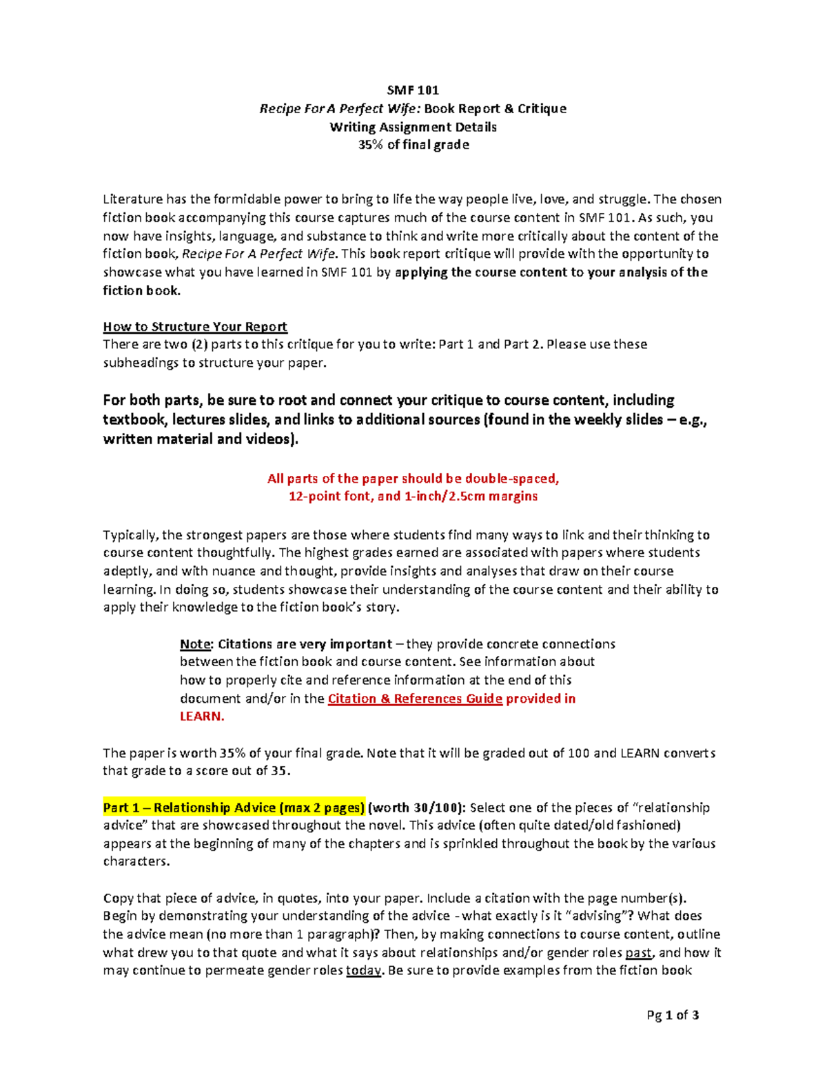 Book Report Critique SMF101 Winter 2022 - Pg 1 of 3 SMF 101 Recipe For A Perfect Wife: Book ...