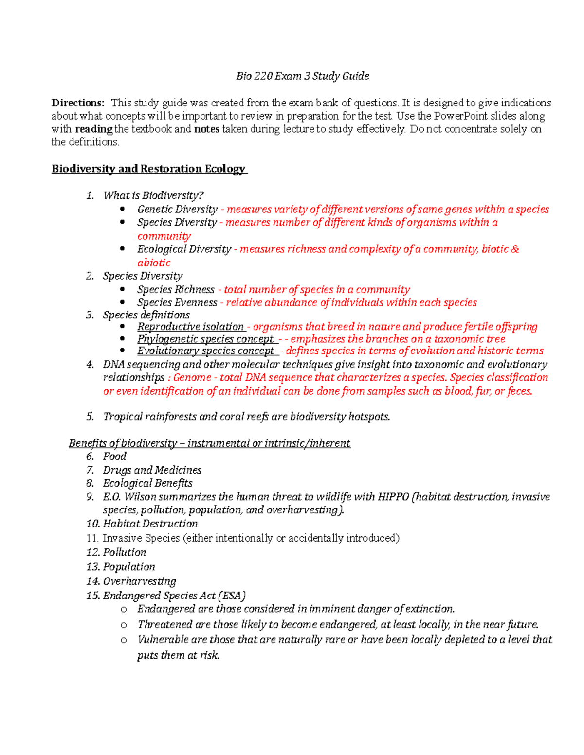 Bio 220 Exam 3 Study Guide - Bio 220 Exam 3 Study Guide Directions ...