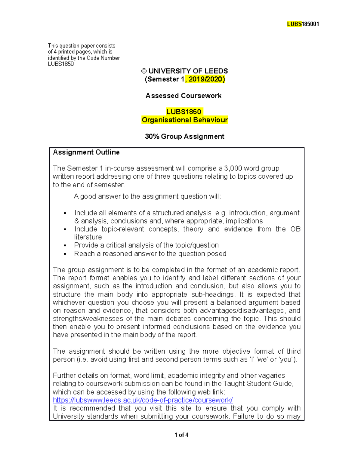ACW 2019 - 2020 Group assignment(1) - This question paper consists of 4 ...