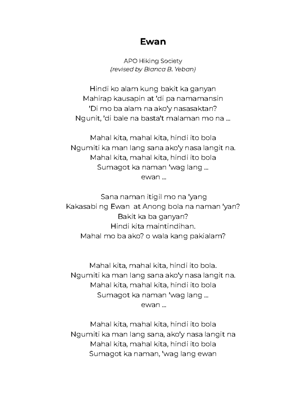 Yeban M1- POST TASK (Lyrics) - Ewan APO Hiking Society (revised by ...