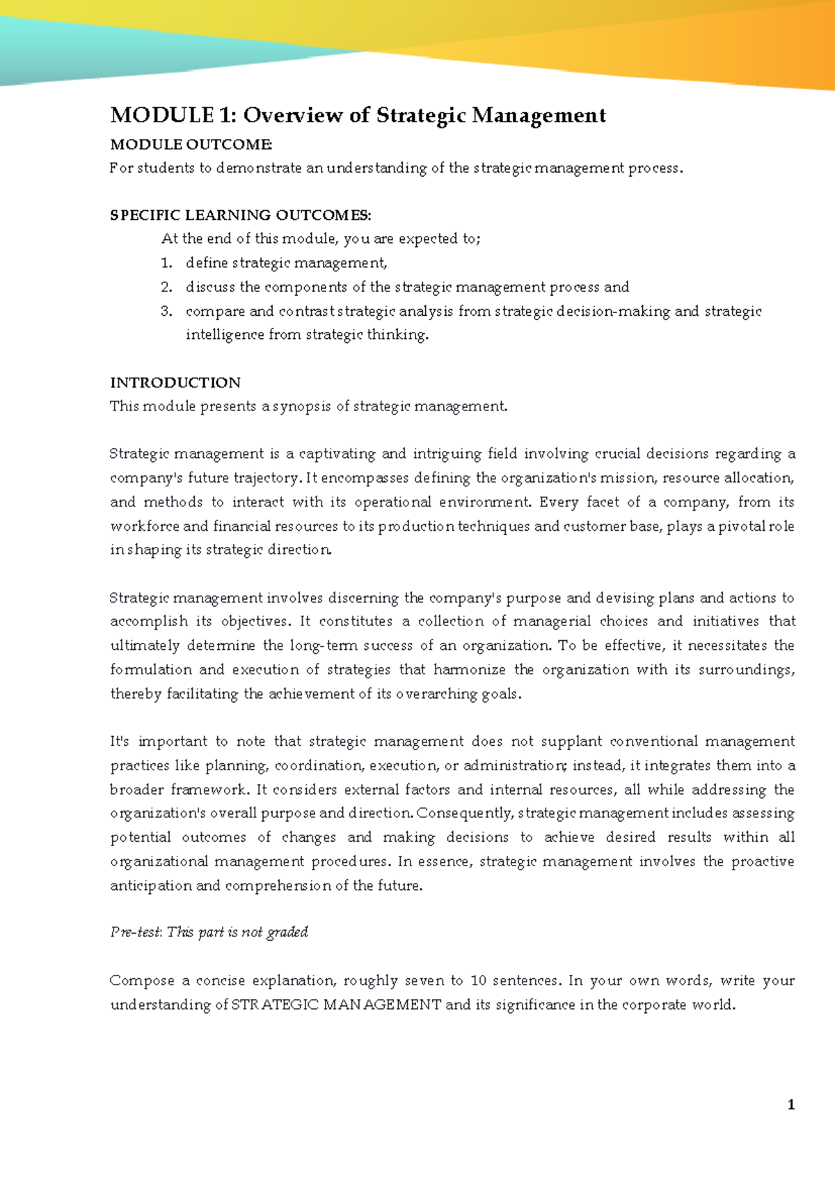 Module 1 Strategic Management - MODULE 1: Overview of Strategic ...