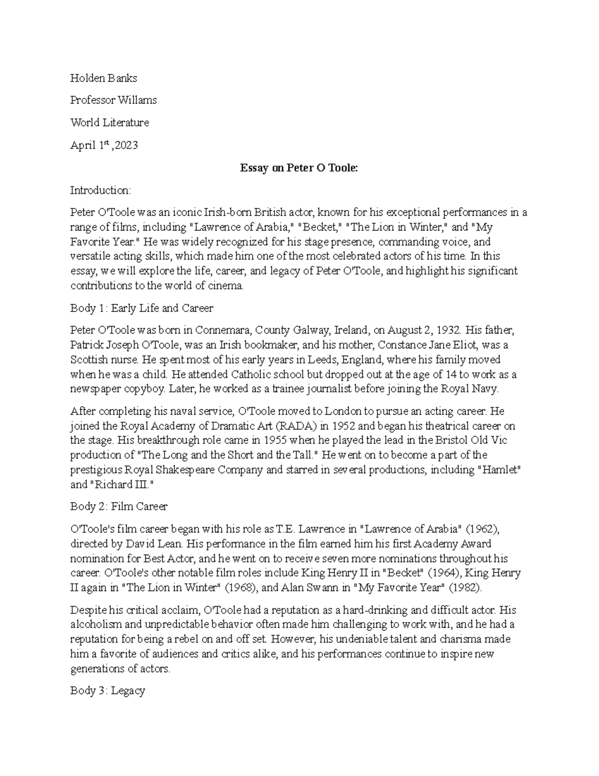 Essay on Peter O Toole - Holden Banks Professor Willams World ...