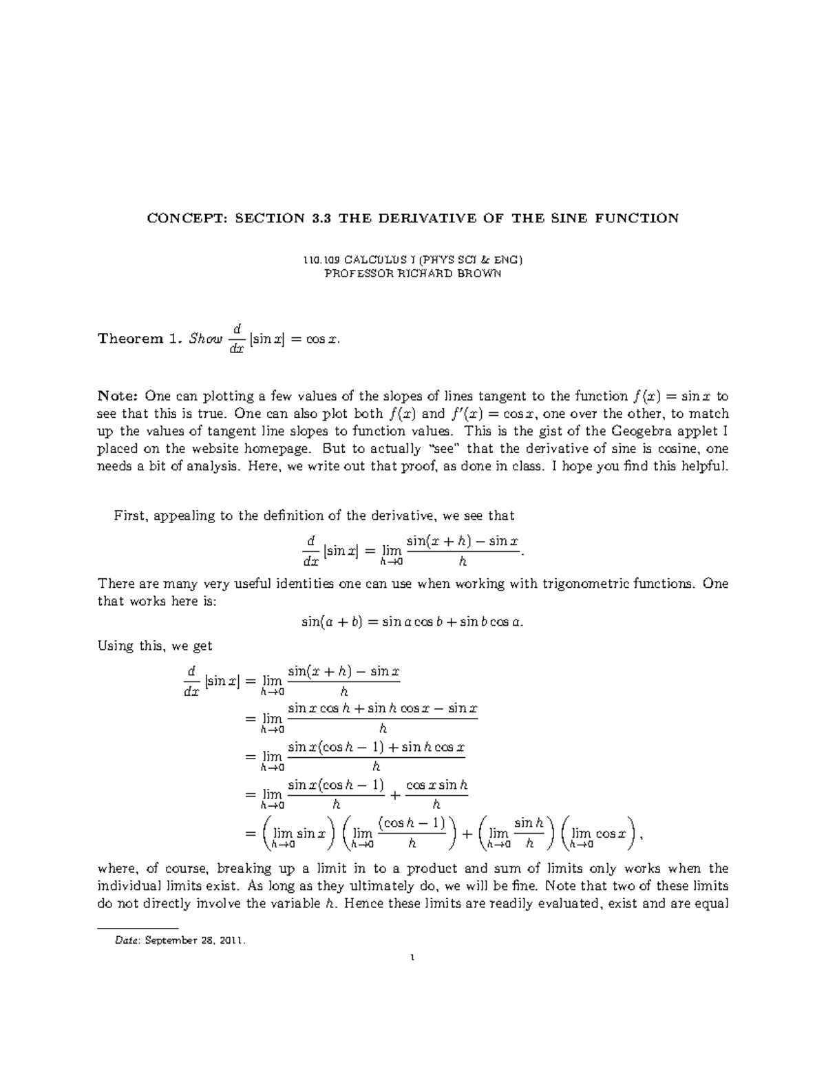 Derivative of sin(x) proof - CONCEPT: SECTION 3 THE DERIVATIVE OF THE ...