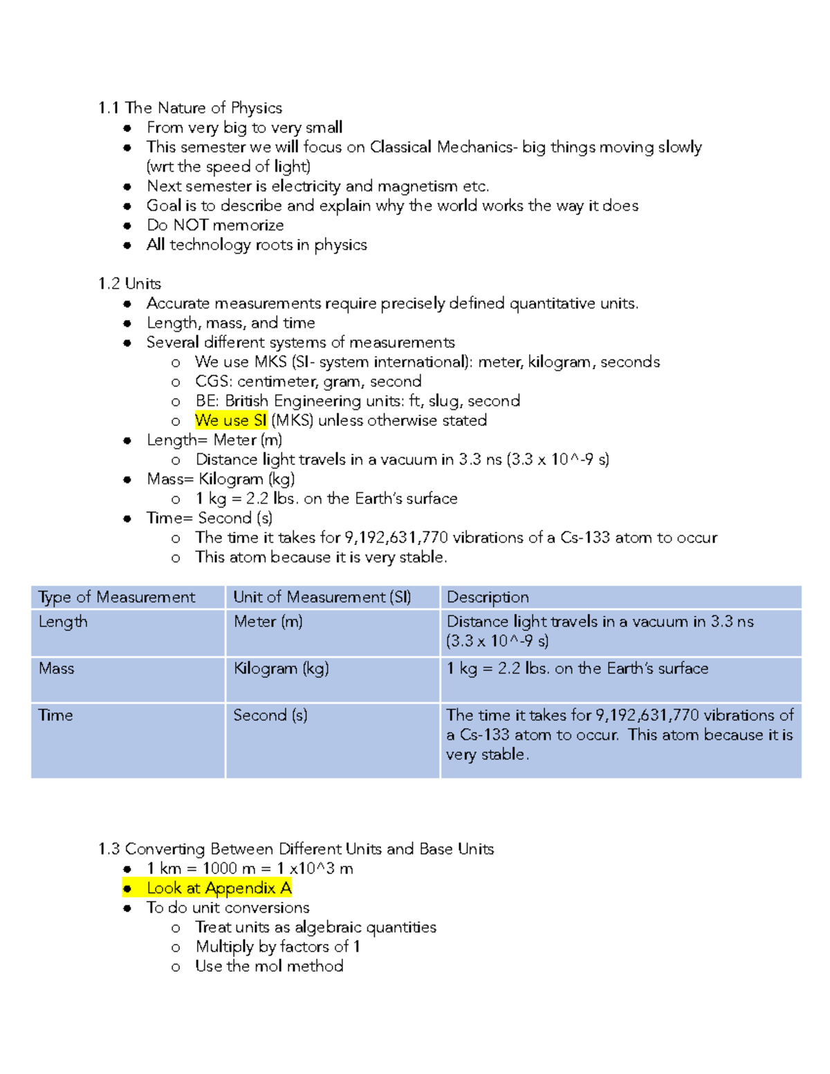 PHYS 2001 Notes, Ch. 1 - 1 The Nature of Physics From very big to very ...
