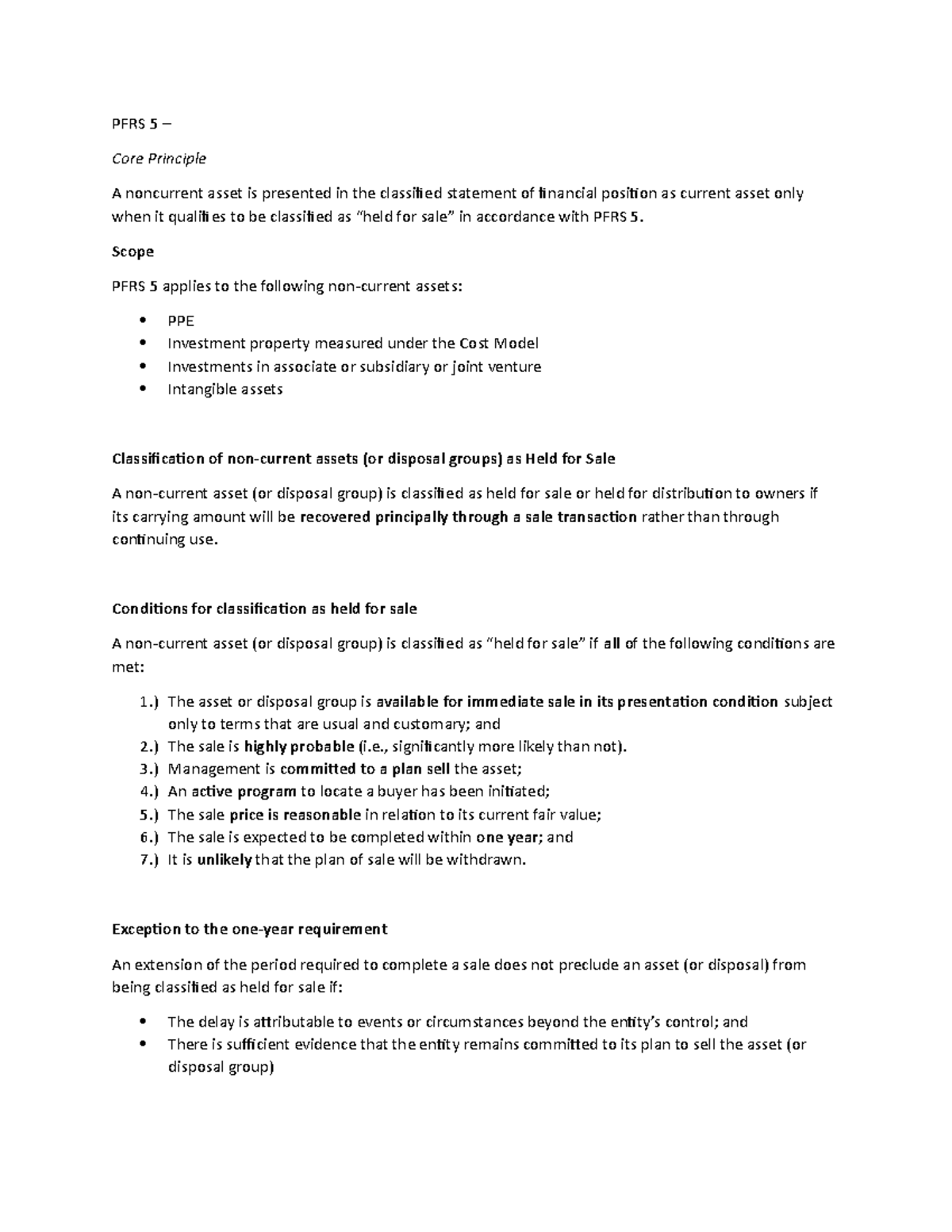 PFRS 5 - NCA held for sale Disposal Group - PFRS 5 – Core Principle A ...