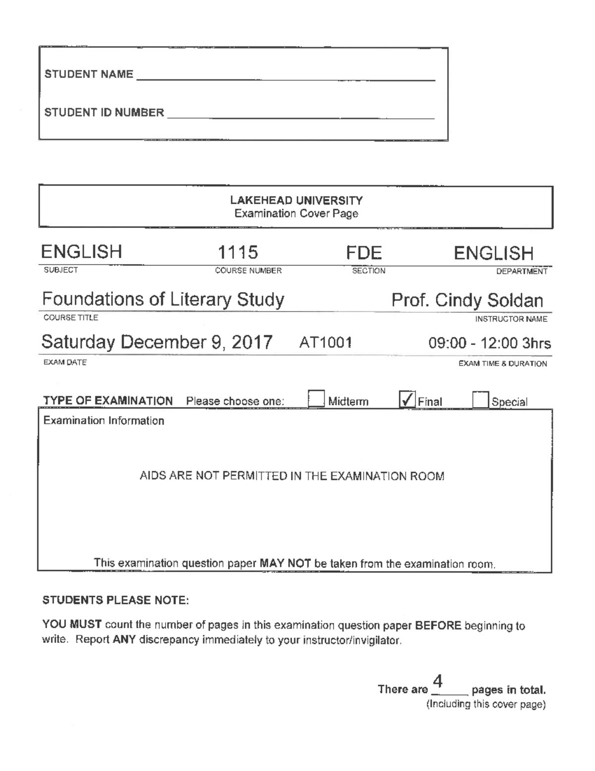 Exam 2017, questions - STUDENT NAME STUDENT ID NUMBER LAKEHEAD ...