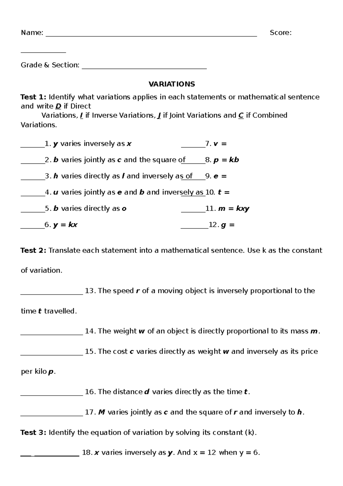 Math variations - Name ...