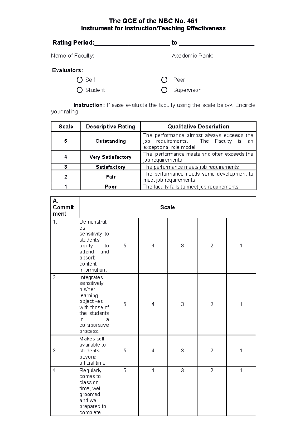 NBC FOR Students Rating - The QCE of the NBC No. 461 Instrument for ...