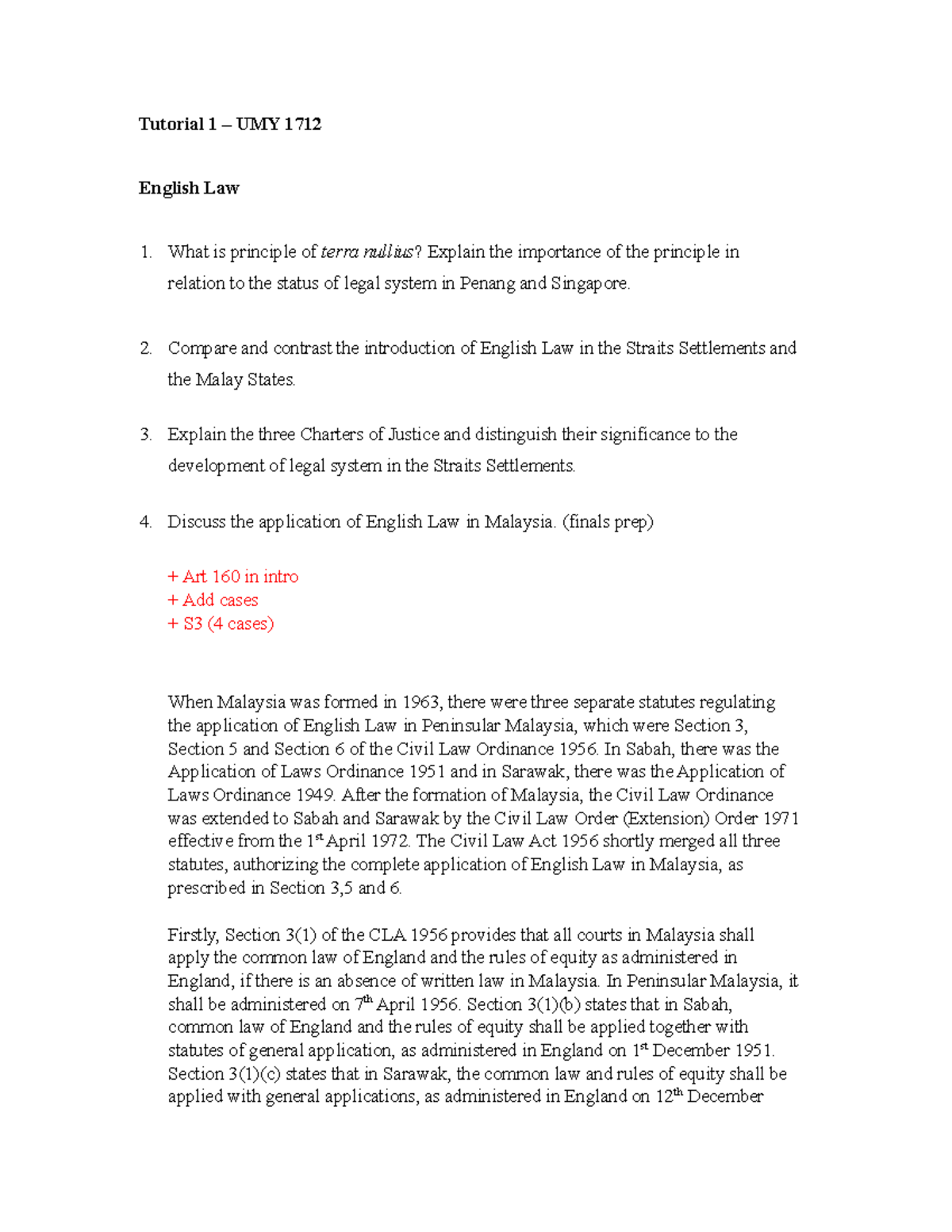 English law tuto - Tutorial 1 – UMY 1712 English Law 1. What is ...