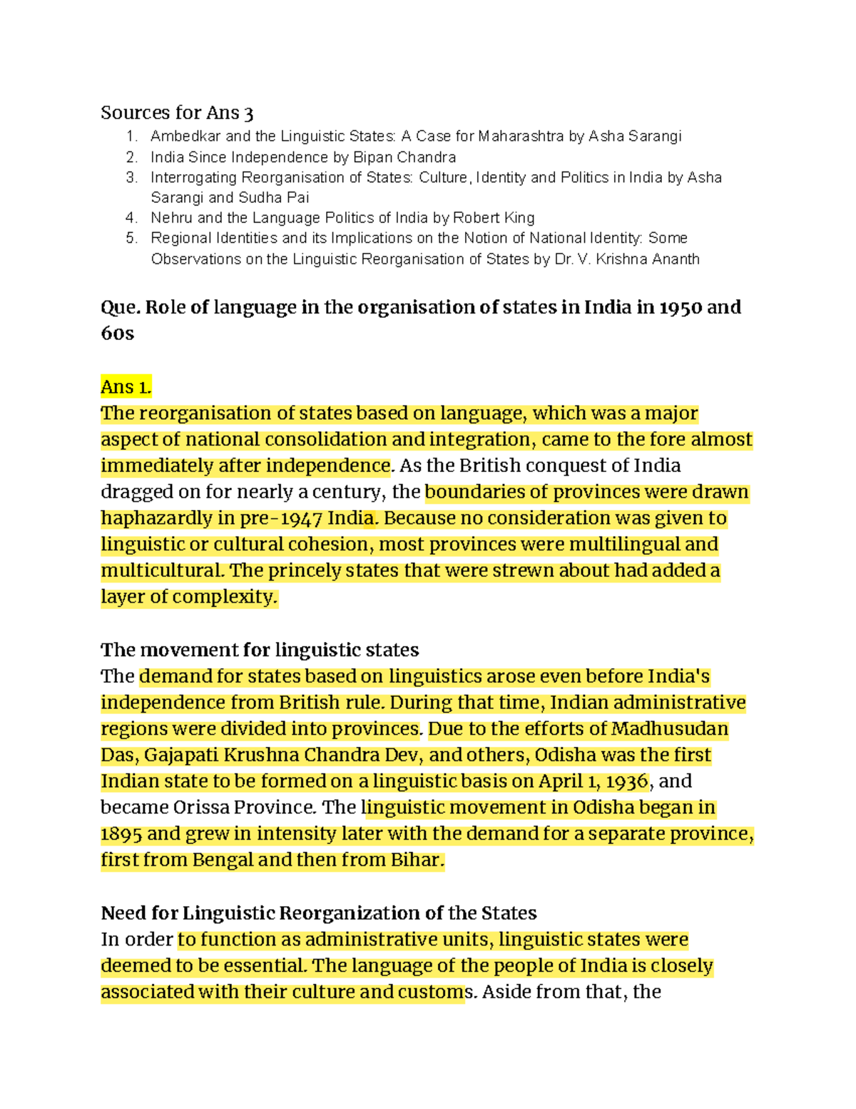 C.India Linguistic role in state organisation - Sources for Ans 3 1 ...