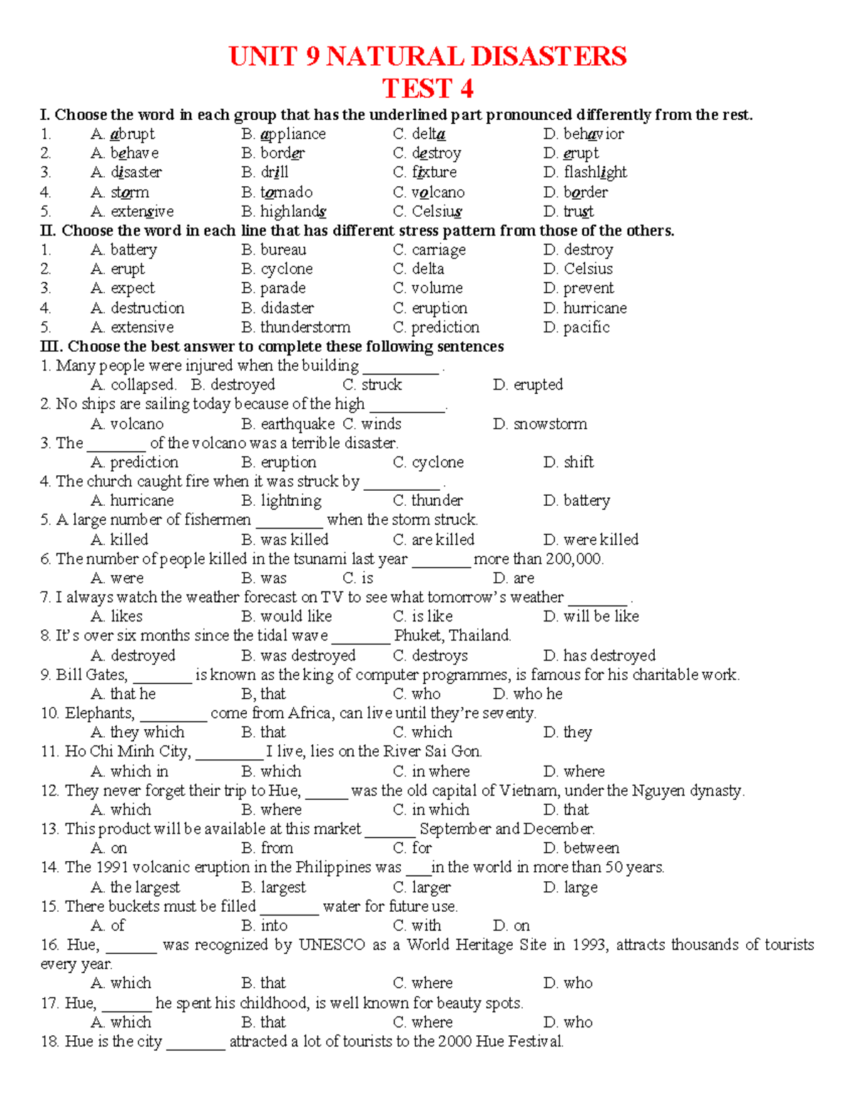 UNIT 9 Natural Disasters TEST 4 - UNIT 9 NATURAL DISASTERS TEST 4 I ...