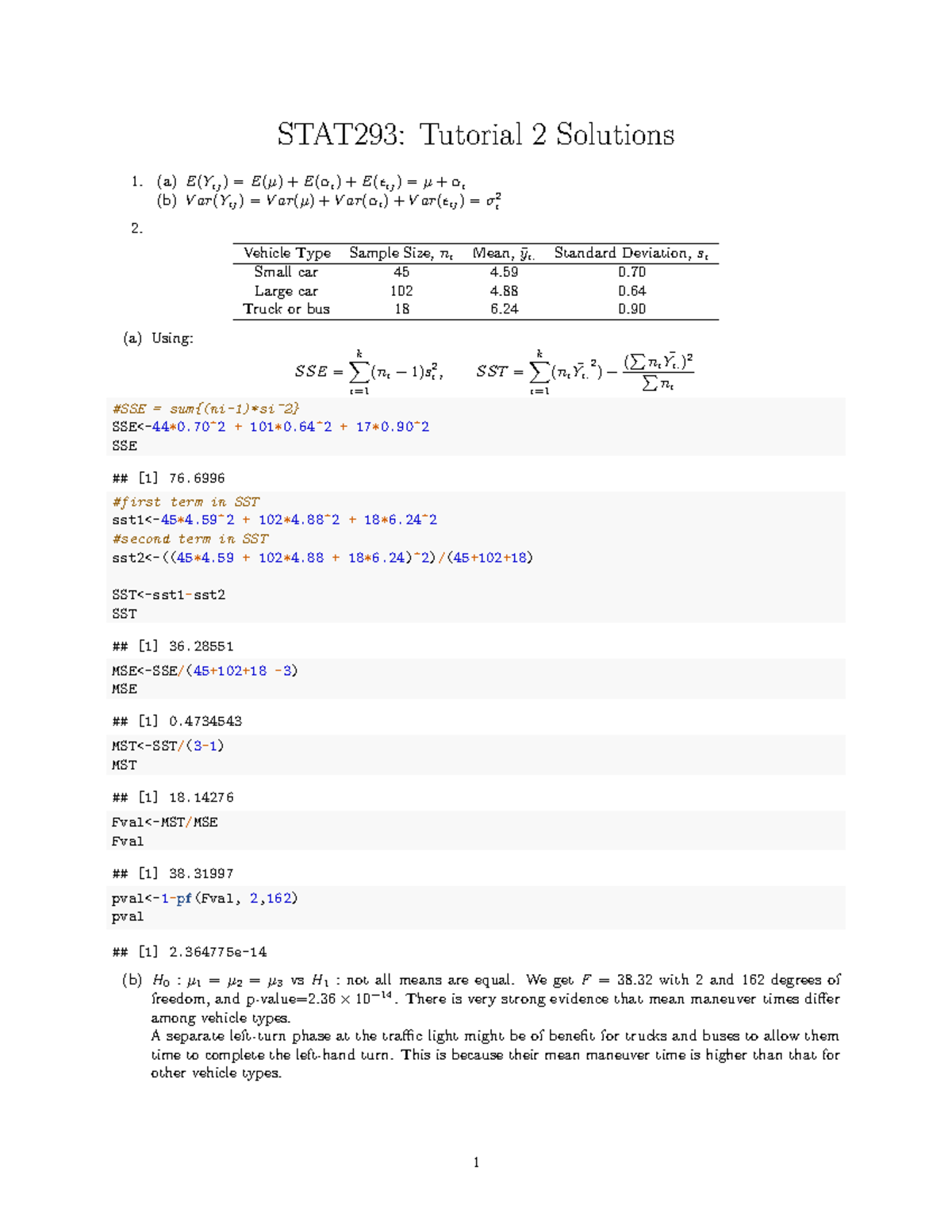 Tutorial 2 - sol - STAT293: Tutorial 2 Solutions (a) E(Yij ) = E(μ) + E ...