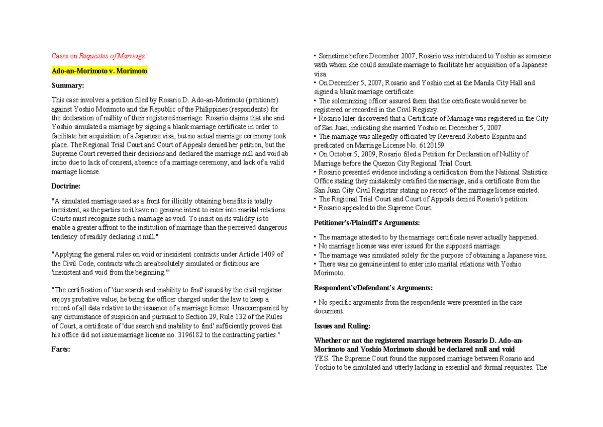Marriage- Cases - Cases on Requisites of Marriage: Ado-an-Morimoto v ...