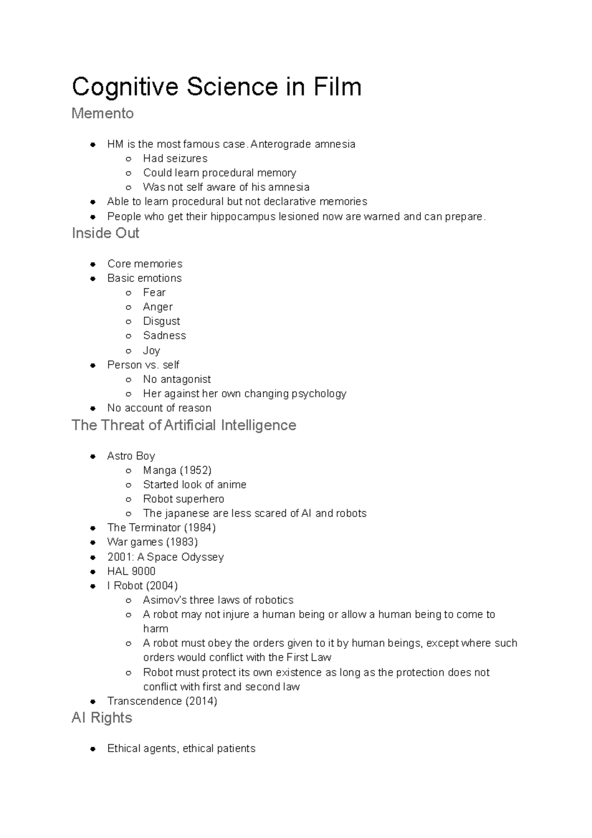 CGSC 1001 - Cognitive Science in Film - Cognitive Science in Film Memento HM is the most famous ...