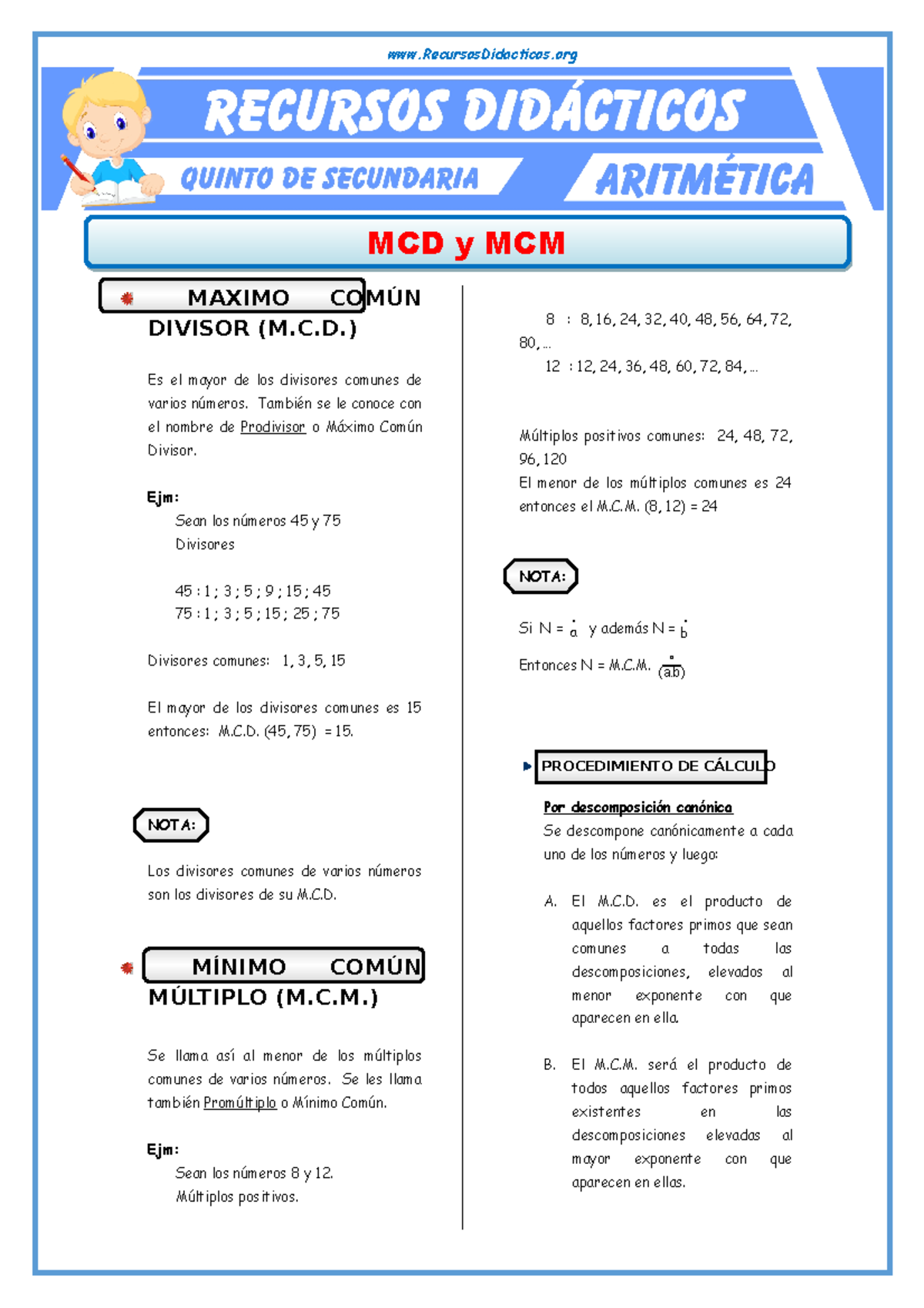Ejercicios De MCM Y MCD Para Quinto De Secundaria MCD Y MCMMCD Y MCM