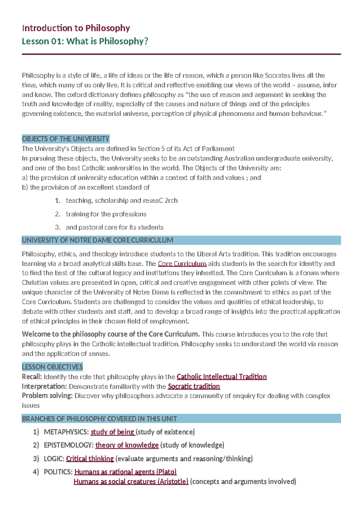 Study Notes - n/a - Introduction to Philosophy Lesson 01: What is ...