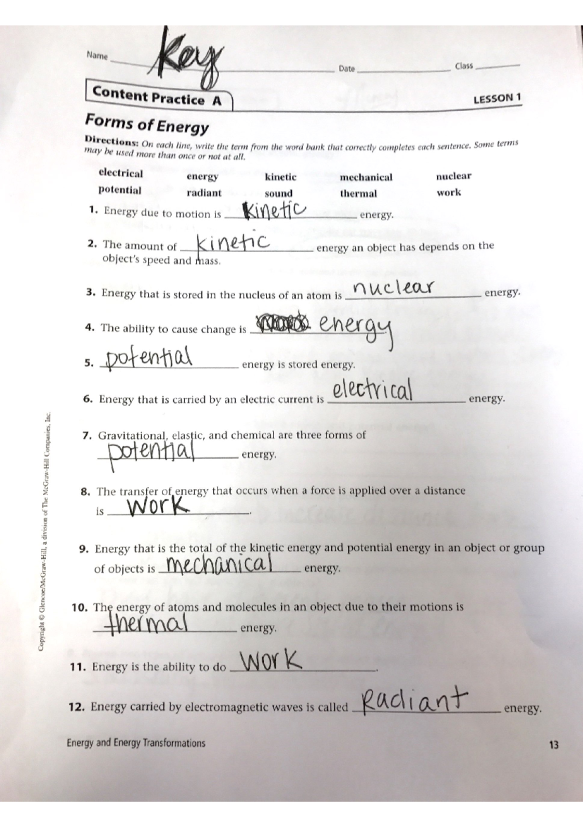 Energy and Energy Transformations - Name key Date Class Content ...