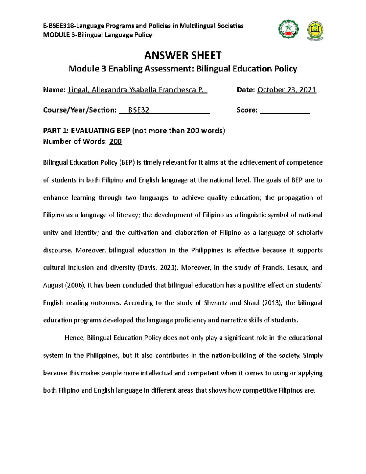 1- Module 3- Enabling Assessment Sheet-Bilingual Education Language Policy - E-BSEE318-Language ...