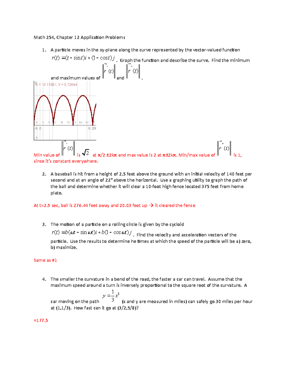 254ch12appkey - n/a - Math 254, Chapter 12 Application Problems 1. A particle moves in the xy ...
