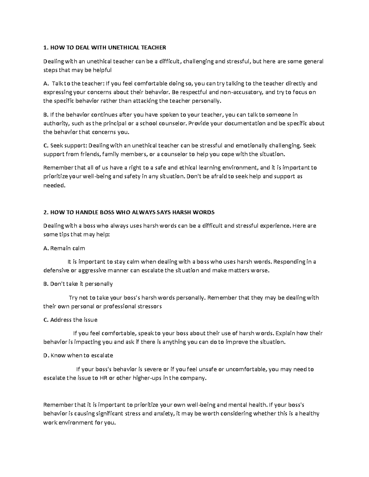 5 questions - Example Situations - 1. HOW TO DEAL WITH UNETHICAL ...