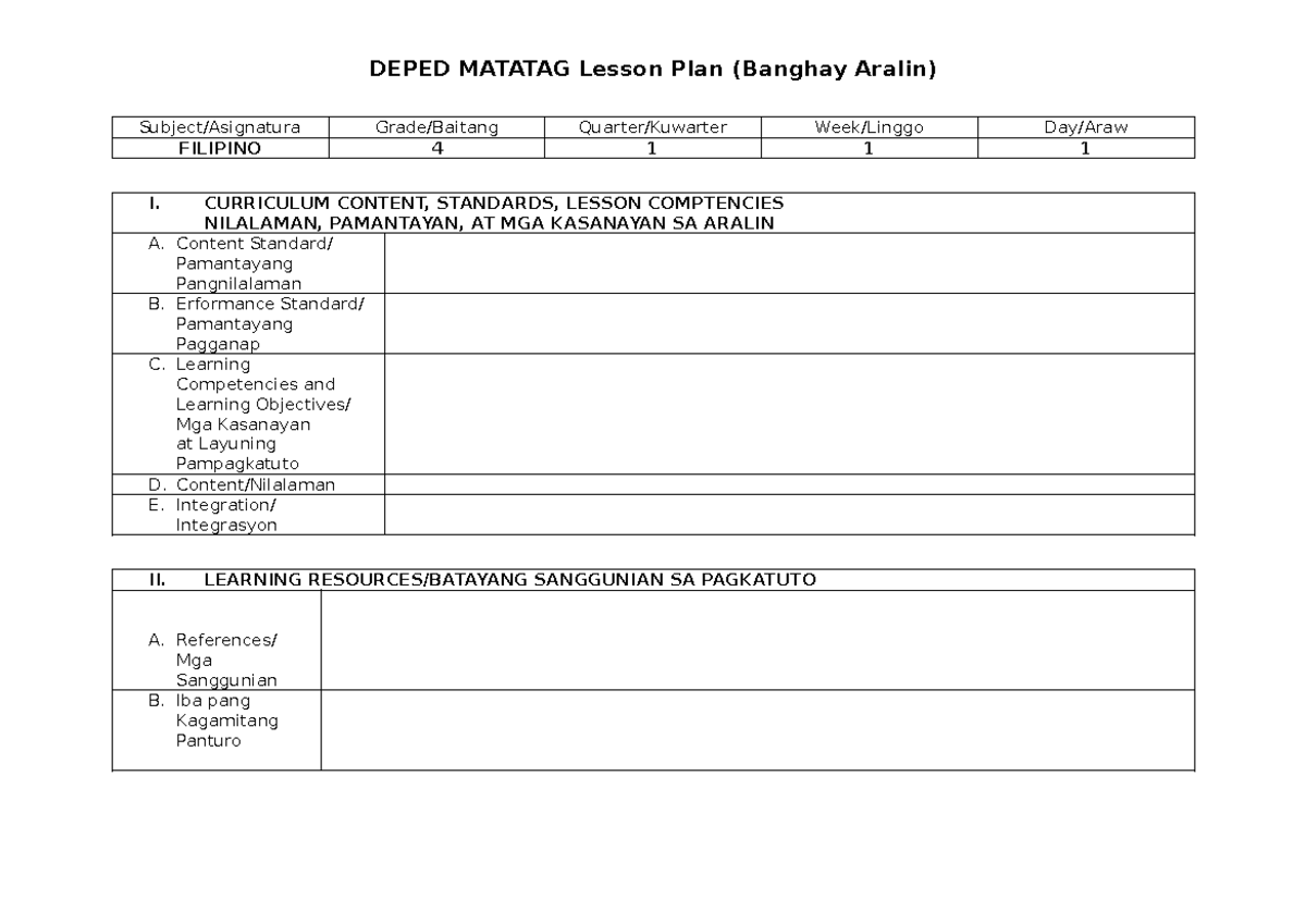 Lesson-Plan-Template - DEPED MATATAG Lesson Plan (Banghay Aralin ...