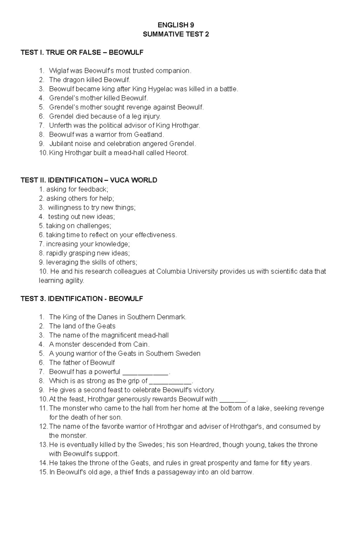 Summative TEST 2 - beowulf - ENGLISH 9 SUMMATIVE TEST 2 TEST I. TRUE OR ...