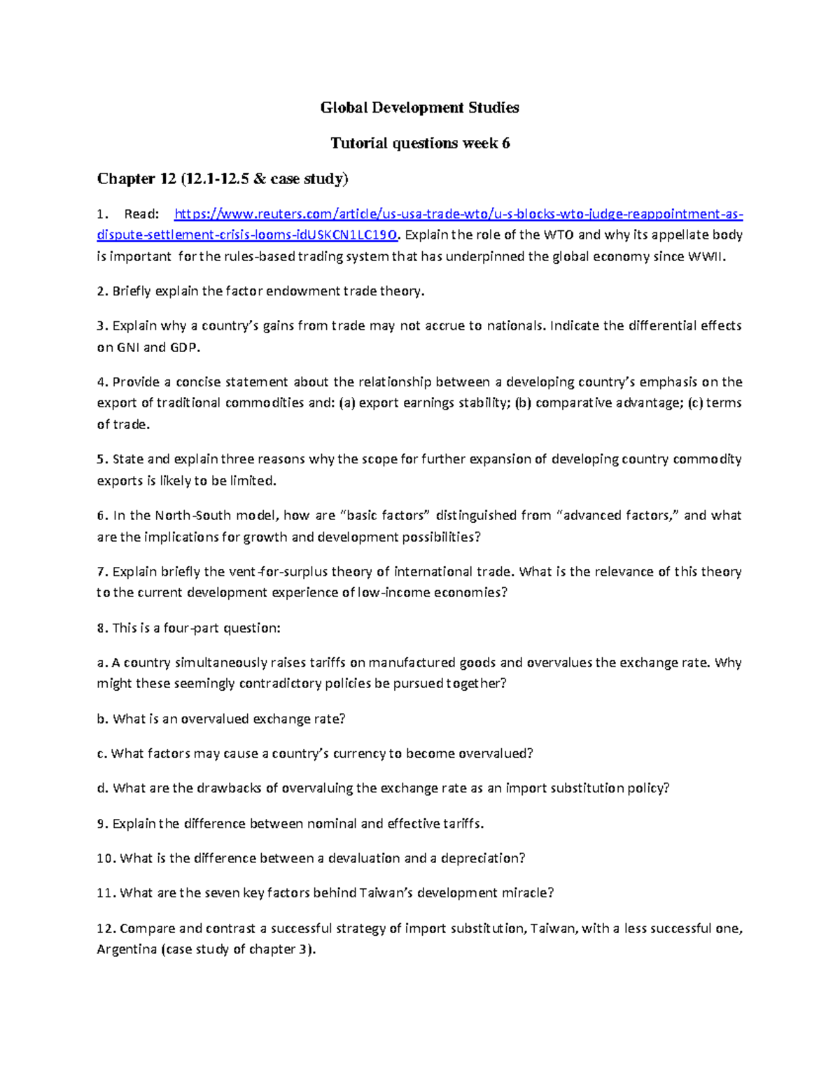 Tutorial questions week 6 - Global Development Studies Tutorial questions week 6 Chapter 12 (12. ...