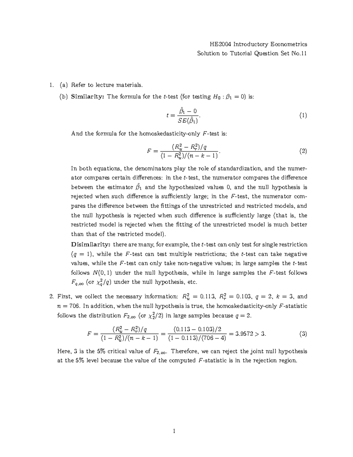 HE2004 2020 Solution Question 11 - HE2004 Introductory Econometrics Solution to Tutorial ...