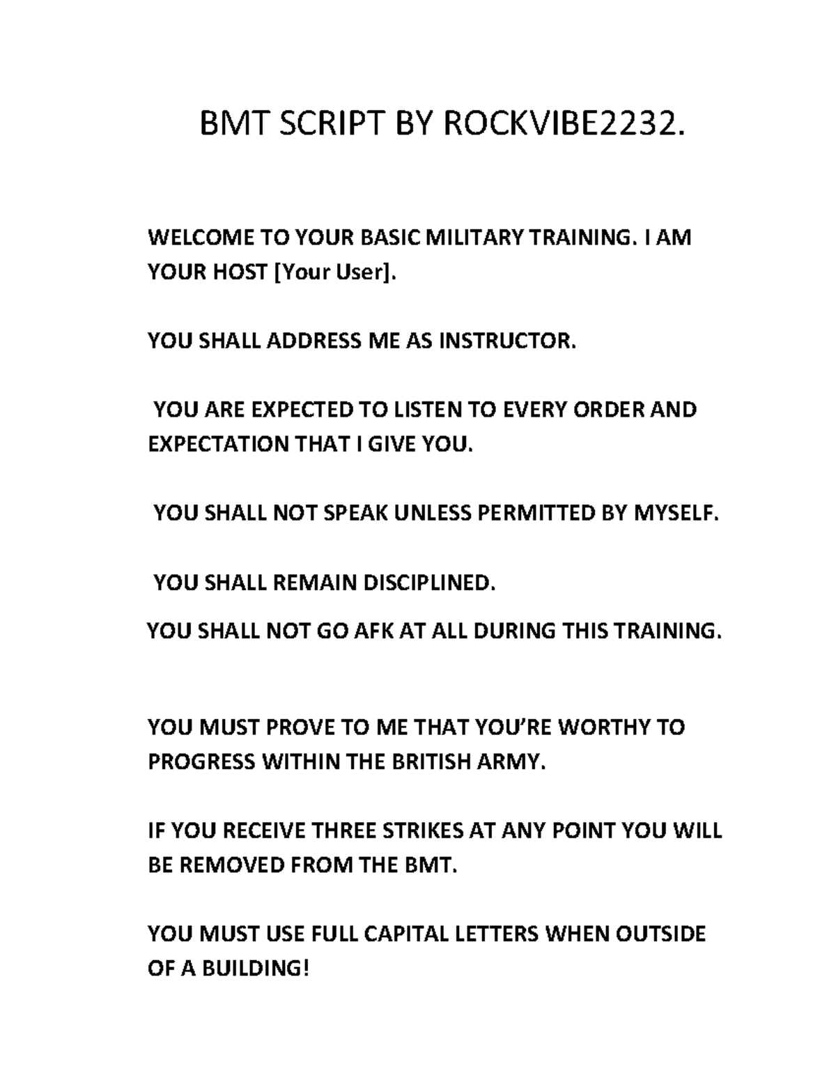 BMT Script for ETS - BMT SCRIPT BY ROCKVIBE2232. WELCOME TO YOUR BASIC MILITARY TRAINING. I AM ...