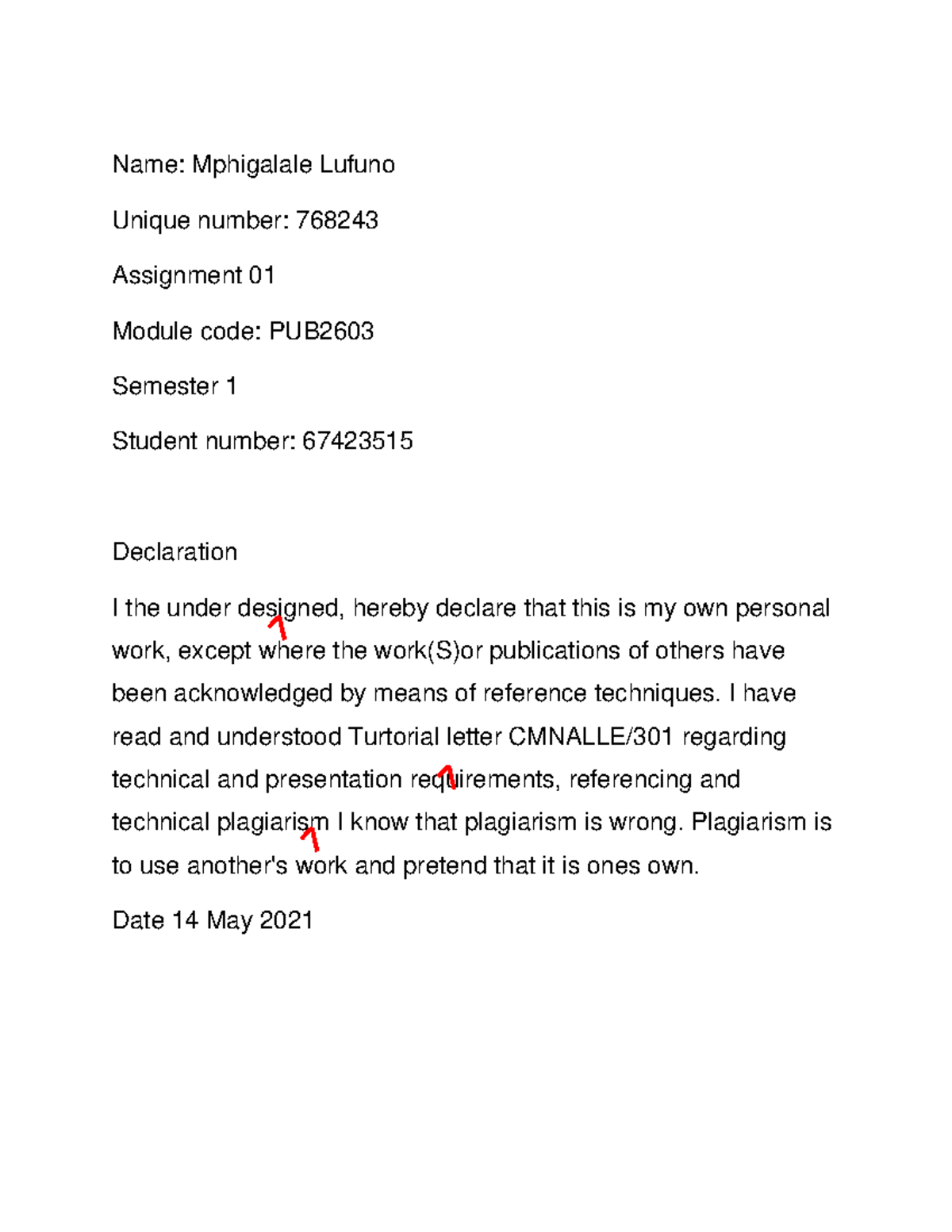 67423515 PUB2603 01 MARK062100 - Name: Mphigalale Lufuno Unique number ...