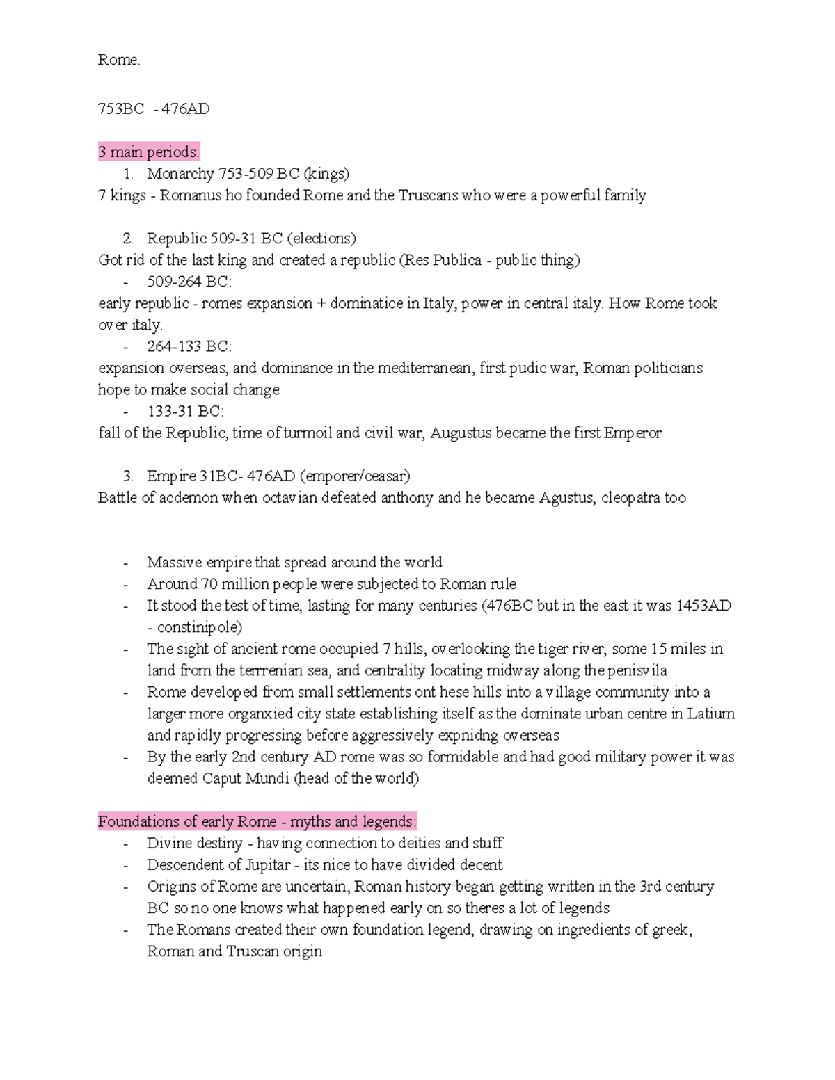 unit one lecture notes - Rome. 753BC - 476AD 3 main periods: 1 ...