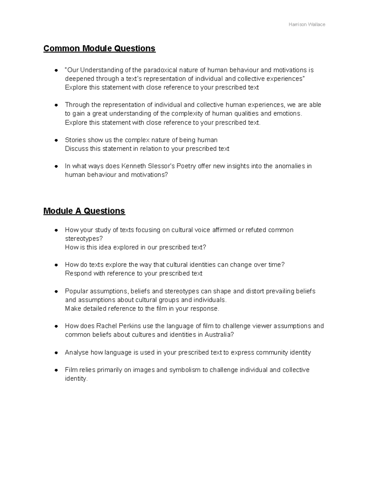 Practice Essay Questions - Harrison Wallace Common Module Questions ...