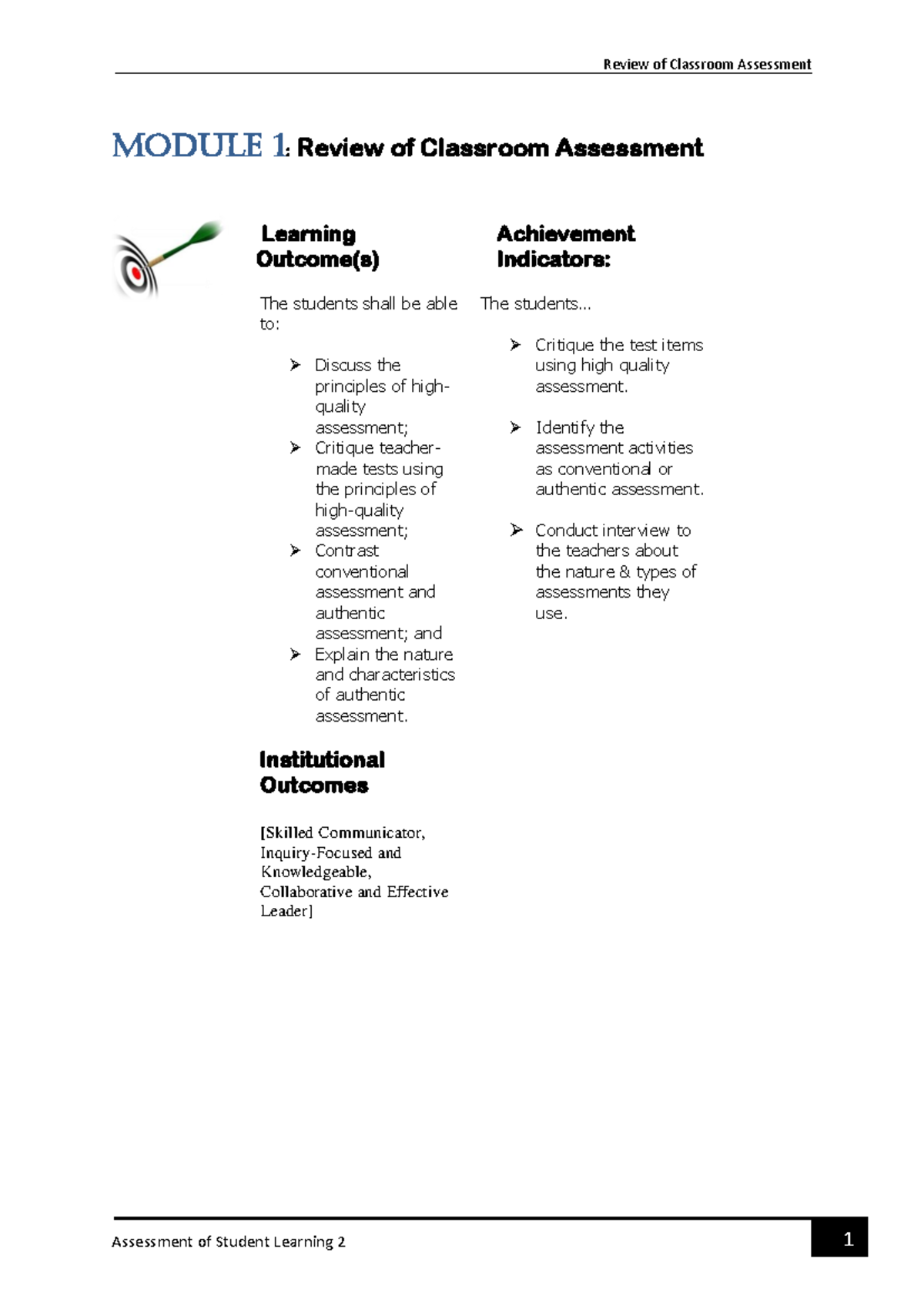 Module 1 Review of Classroom Assessment - Module 1: Review of Classroom Assessment Learning ...