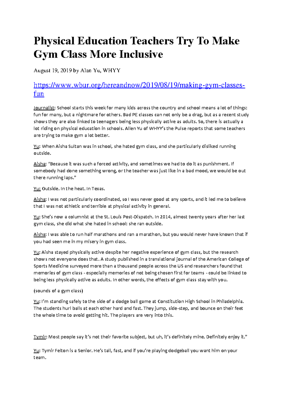 Physical Education Teachers Try To Make Gym Class More Inclusive - Bad ...